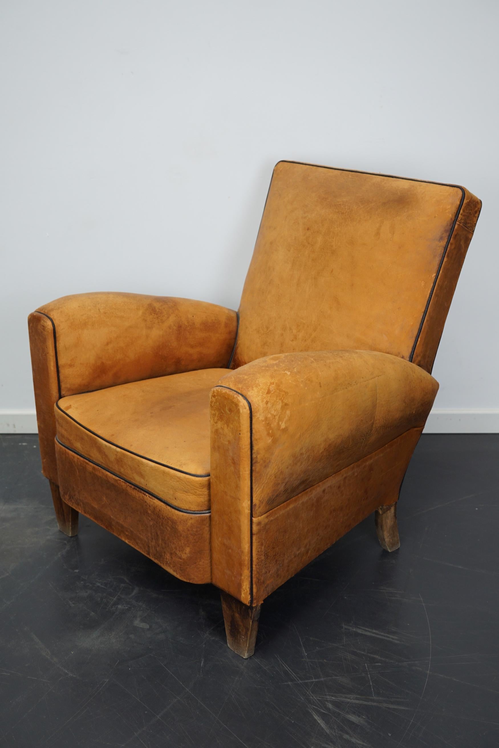 Vintage French Cognac-Colored Leather Club Chair, 1940s For Sale at 1stDibs