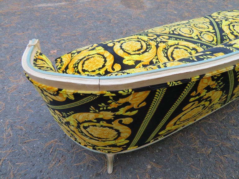 Vintage French Country Carved Curved Wood Sofa with Custom Versace Velvet Fabric For Sale at 1stDibs