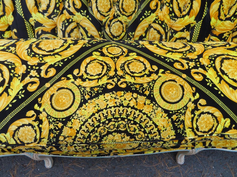 Vintage French Country Carved Curved Wood Sofa with Custom Versace Velvet Fabric For Sale at 1stDibs