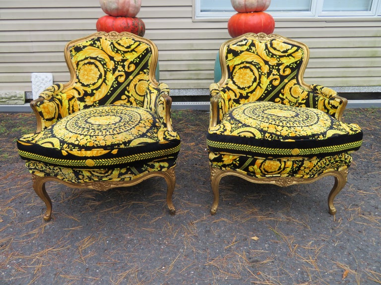Vintage French Country Carved Curved Wood Sofa with Custom Versace ...