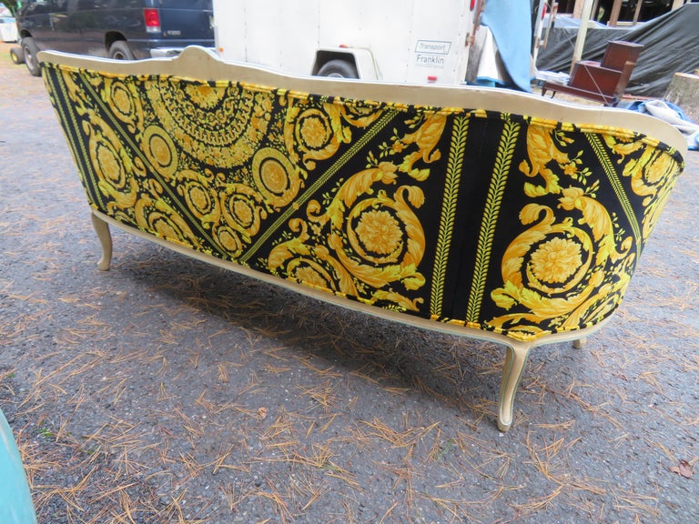 Vintage French Country Carved Curved Wood Sofa with Custom Versace ...
