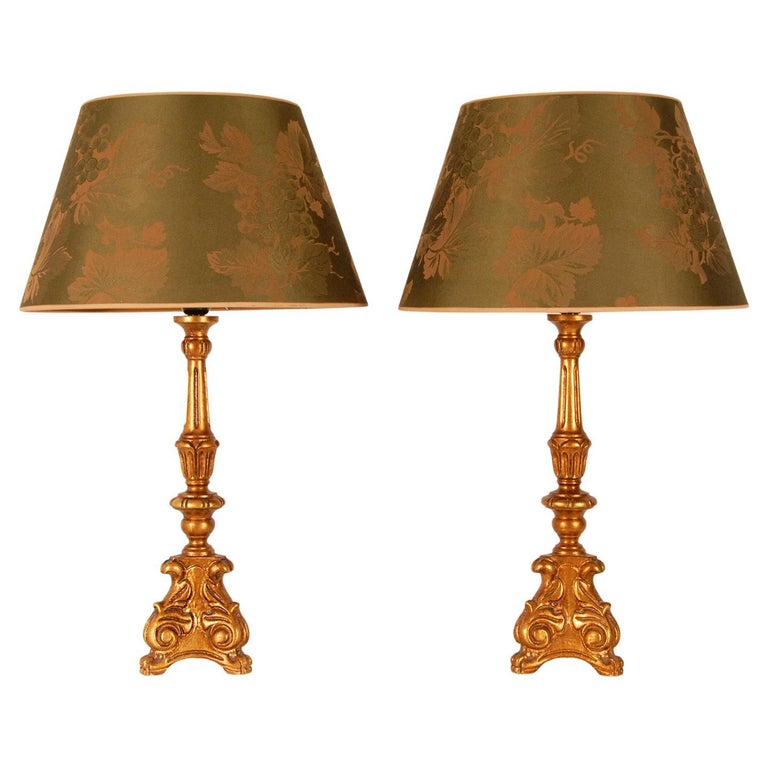 Vintage French Country Style Gold Giltwood Green Baroque Table Lamps, a ...