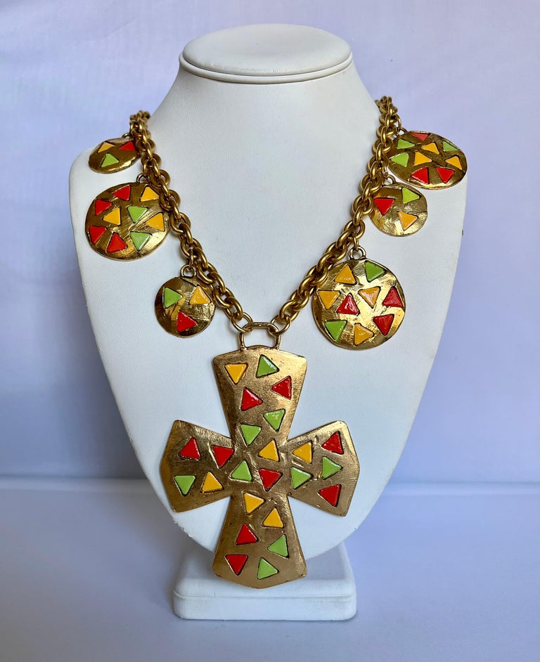 Vintage French Cross Stained Glass Charm Necklace For Sale at 1stDibs