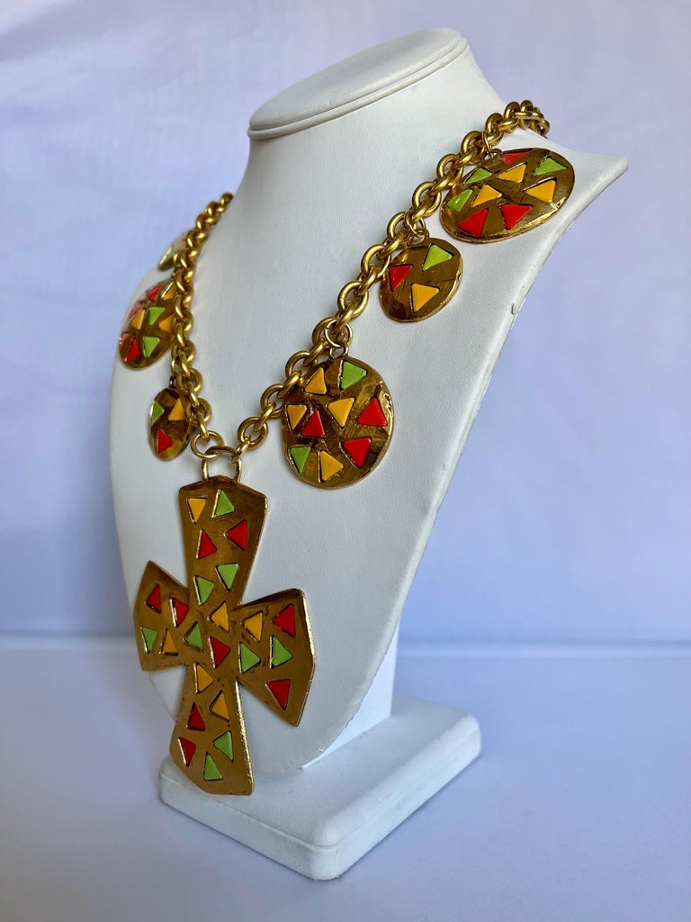 Vintage French Cross Stained Glass Charm Necklace For Sale at 1stDibs