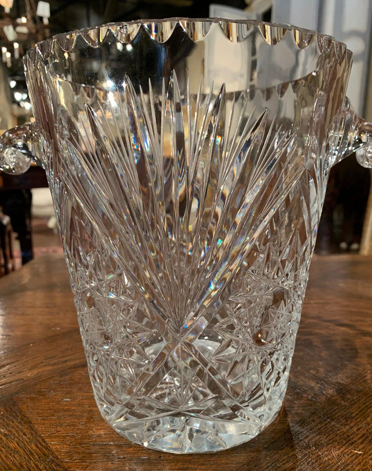 Vintage French Cut Crystal Ice Bucket with Foliage Decor and Handles at ...