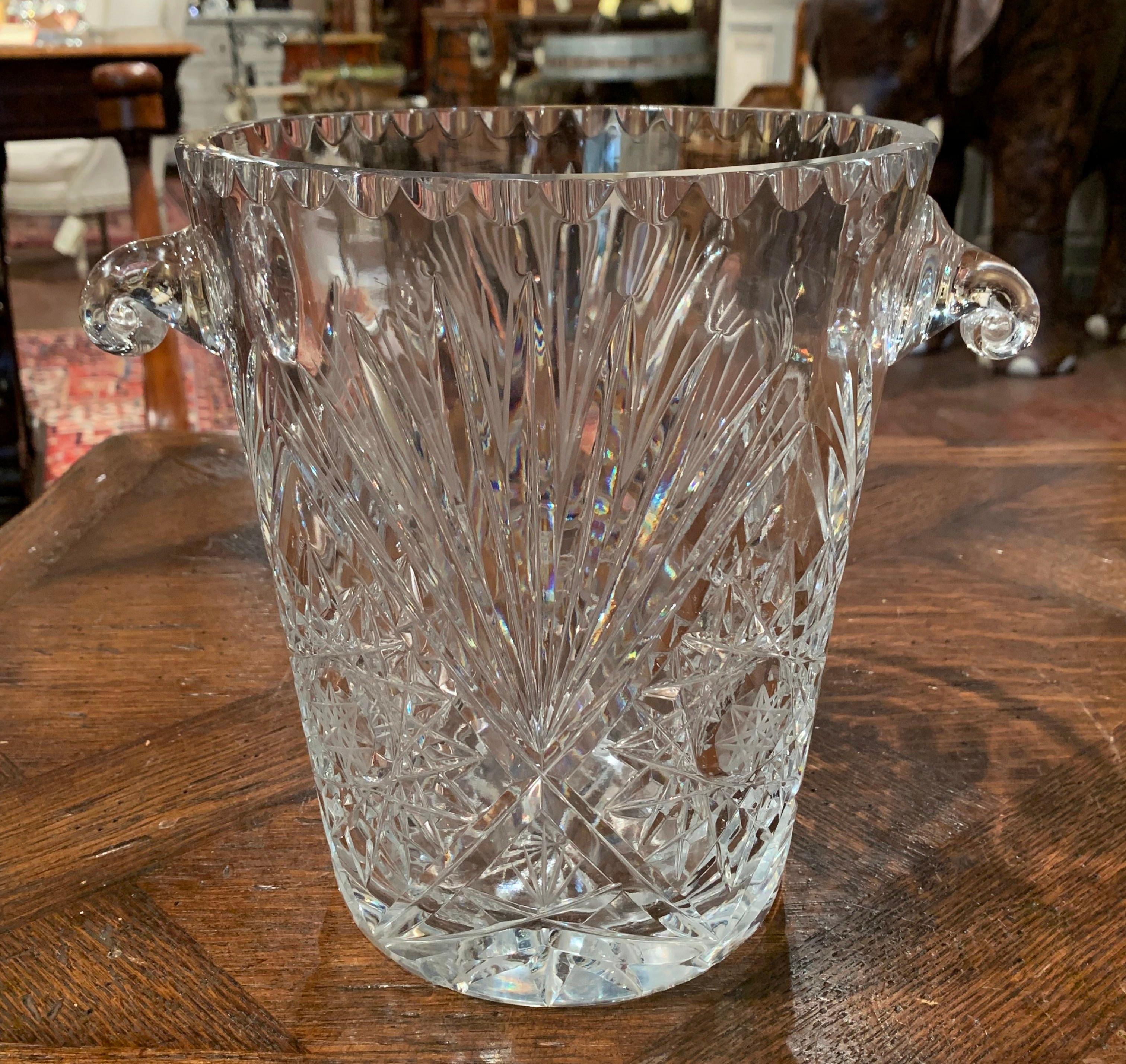 Vintage French Cut Crystal Ice Bucket with Foliage Decor and Handles at ...