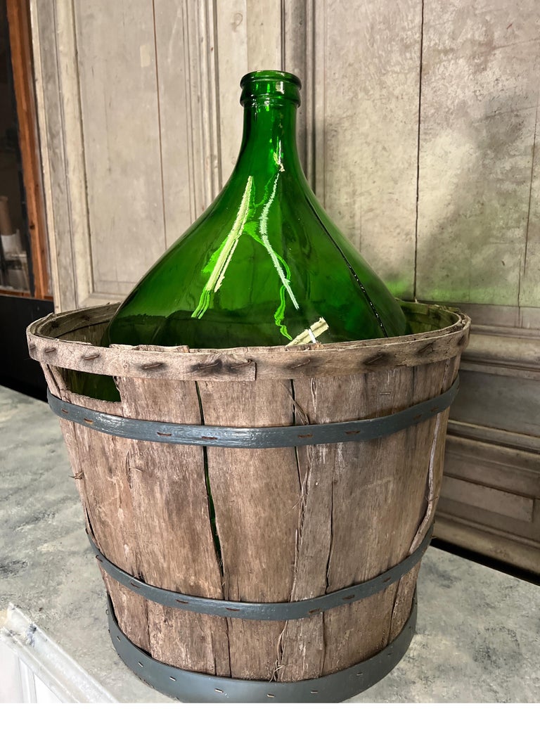 Vintage French Dame Jeanne Wine Bottle Dark Green For Sale at 1stDibs