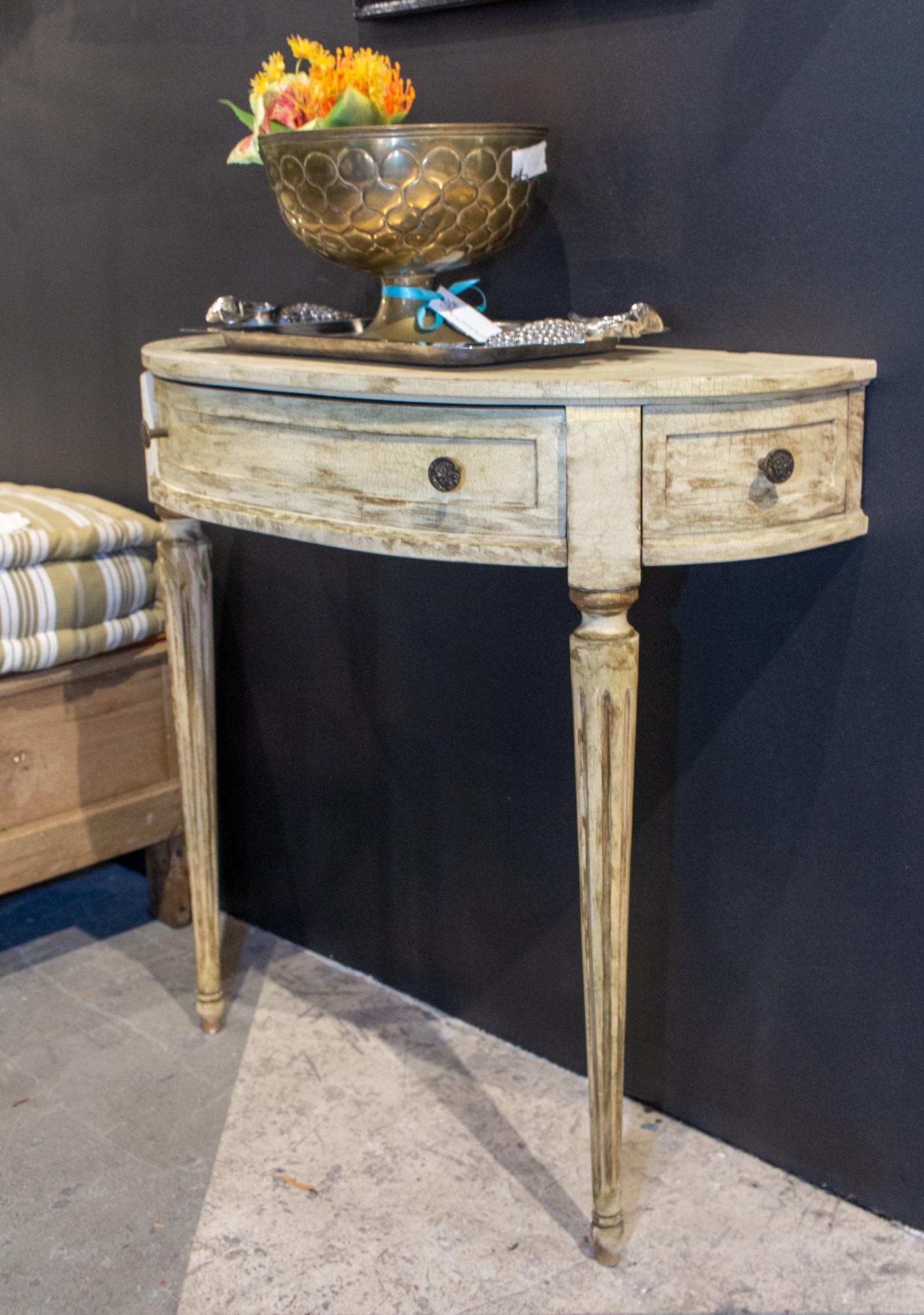 Vintage French Demilune Console with Drawer in Distressed Painted ...