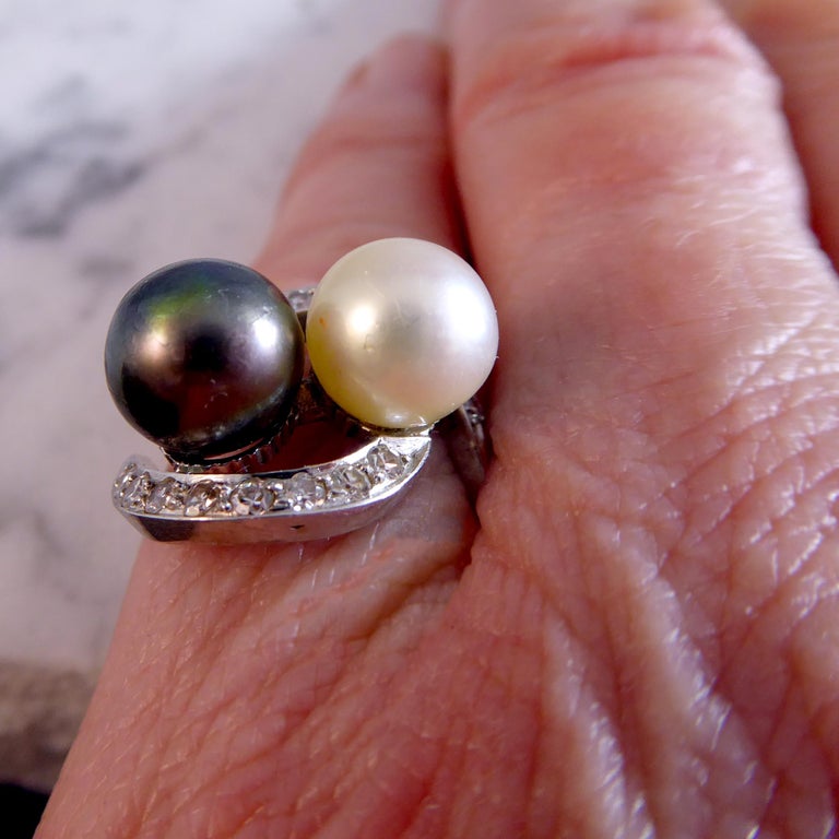 Vintage French Design Akoya Grey and Cream Pearl Diamond Cross Over ...