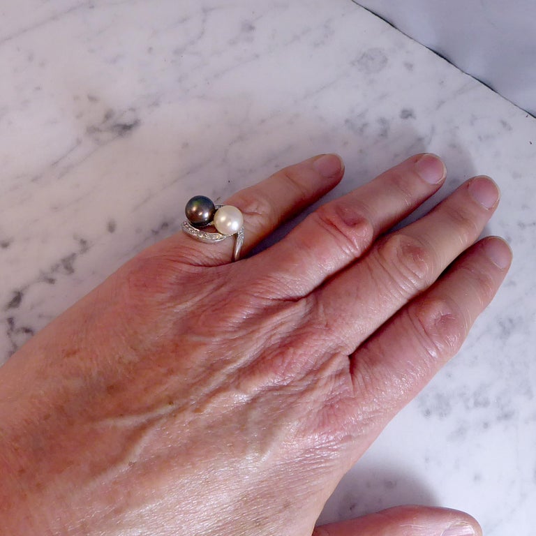 Vintage French Design Akoya Grey and Cream Pearl Diamond Cross Over ...