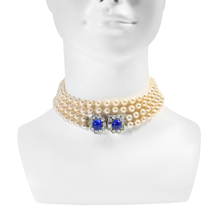 Vintage French Diamante Faux Double Pearl Long Necklace Circa 1960s For ...