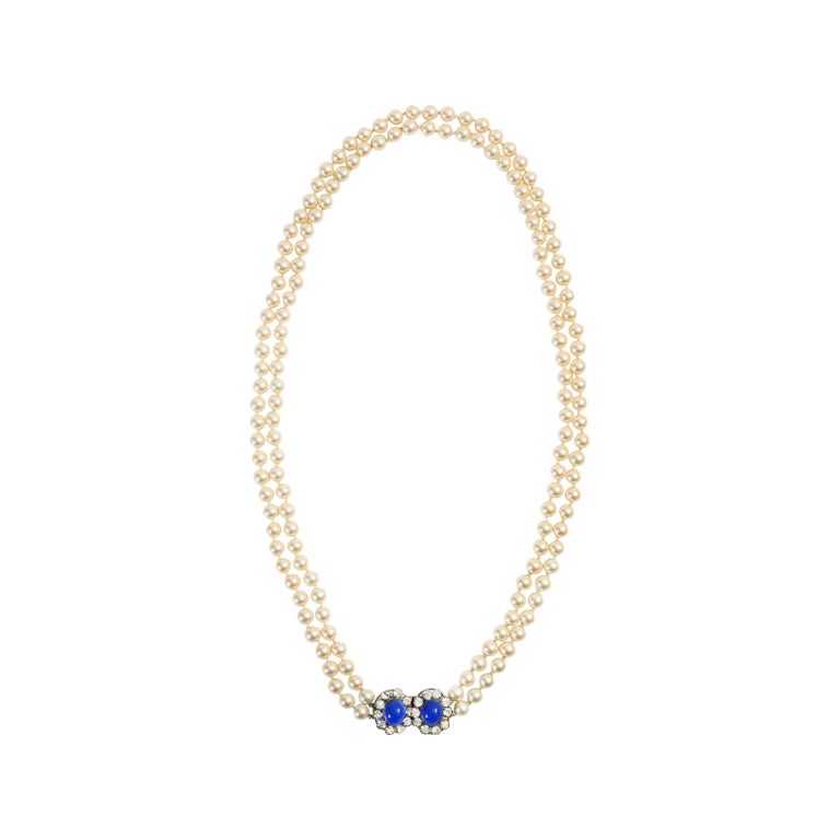 Vintage French Diamante Faux Double Pearl Long Necklace Circa 1960s For ...