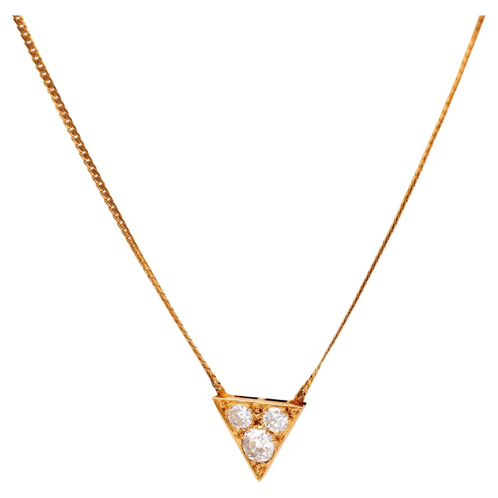 Vintage French Diamond 18k Yellow Gold Triangle Pendant Necklace For ...