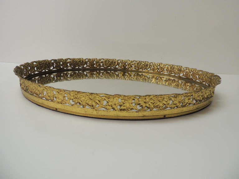 Vintage French Filigree Large Oval Brass Vanity Tray with Mirror at 1stDibs