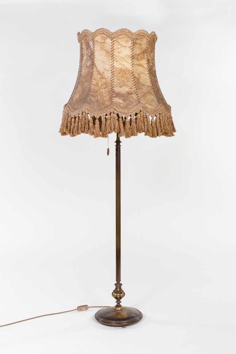 Vintage French Floor Lamp with Leather Lampshade For Sale at 1stDibs