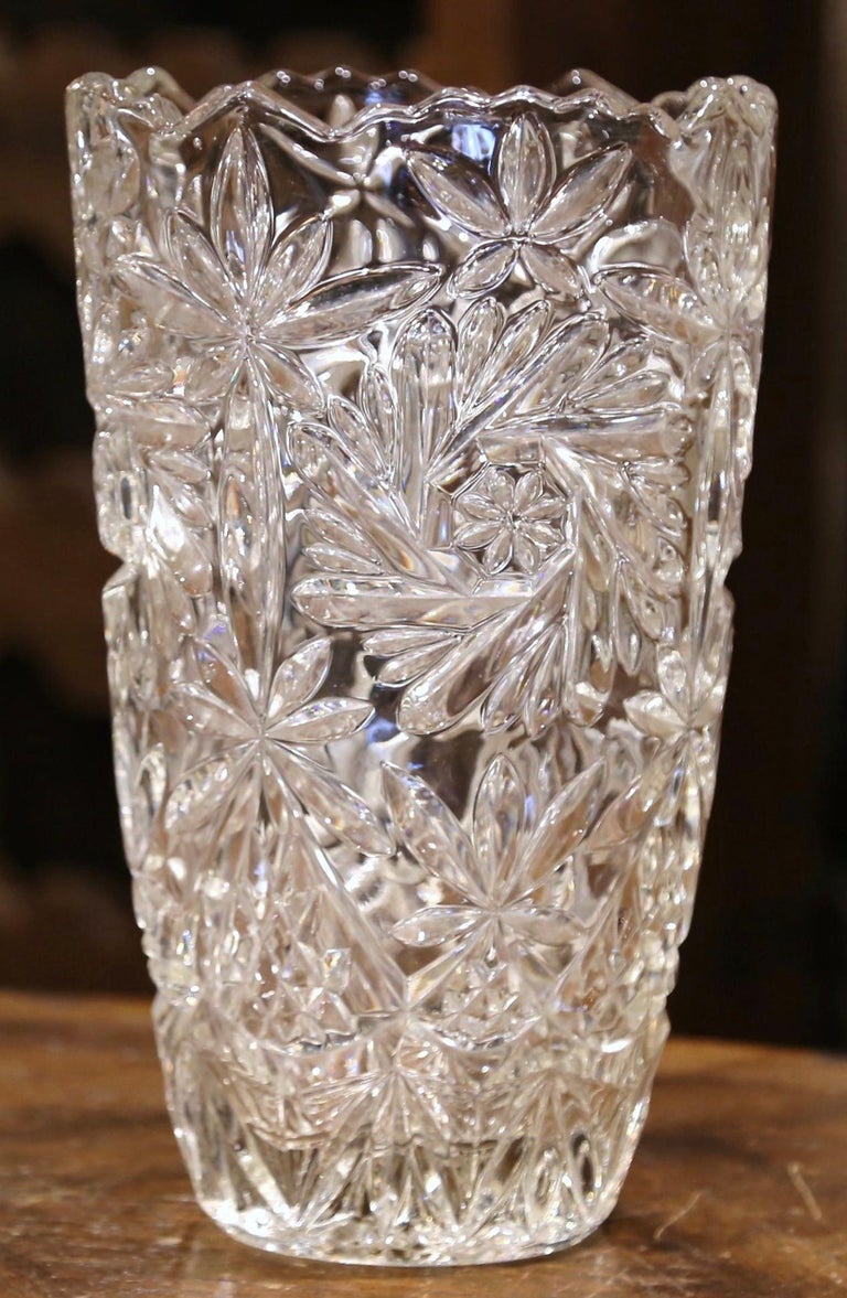Vintage French Glass Vase with Etched Floral Motifs For Sale at 1stDibs