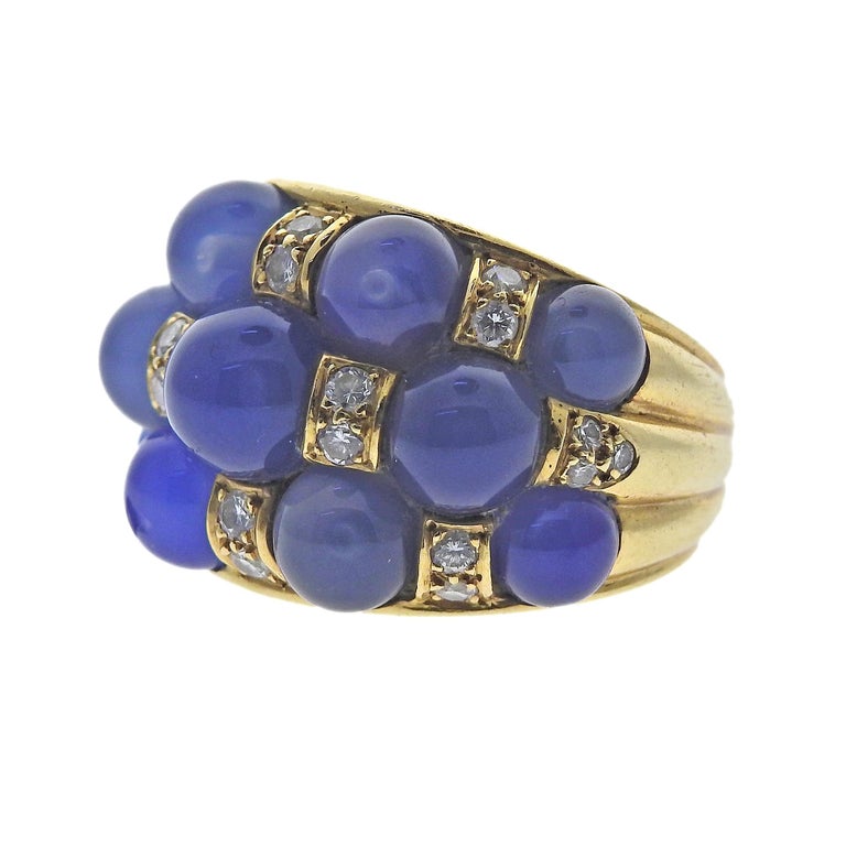 Vintage French Gold Diamond Chalcedony Ring For Sale at 1stDibs