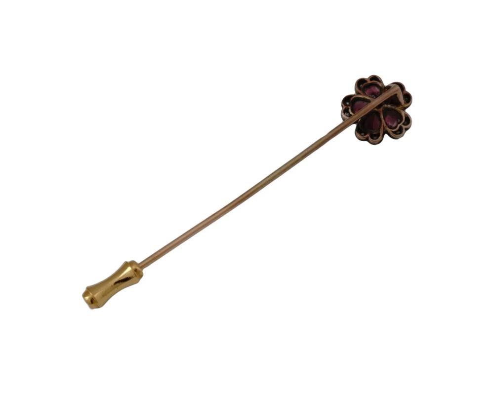 Vintage French Gold Ruby Diamond Flower Stick Pin For Sale at 1stDibs