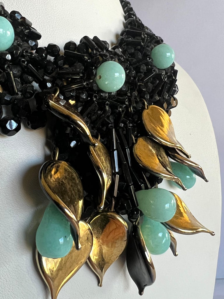 Vintage French Jet Turquoise Gold Leaf Necklace For Sale at 1stDibs