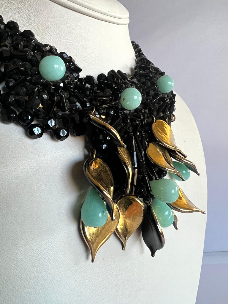 Vintage French Jet Turquoise Gold Leaf Necklace For Sale at 1stDibs