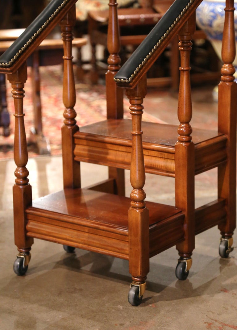 Vintage French Louis XIII Carved Walnut and Leather Library Step Ladder ...