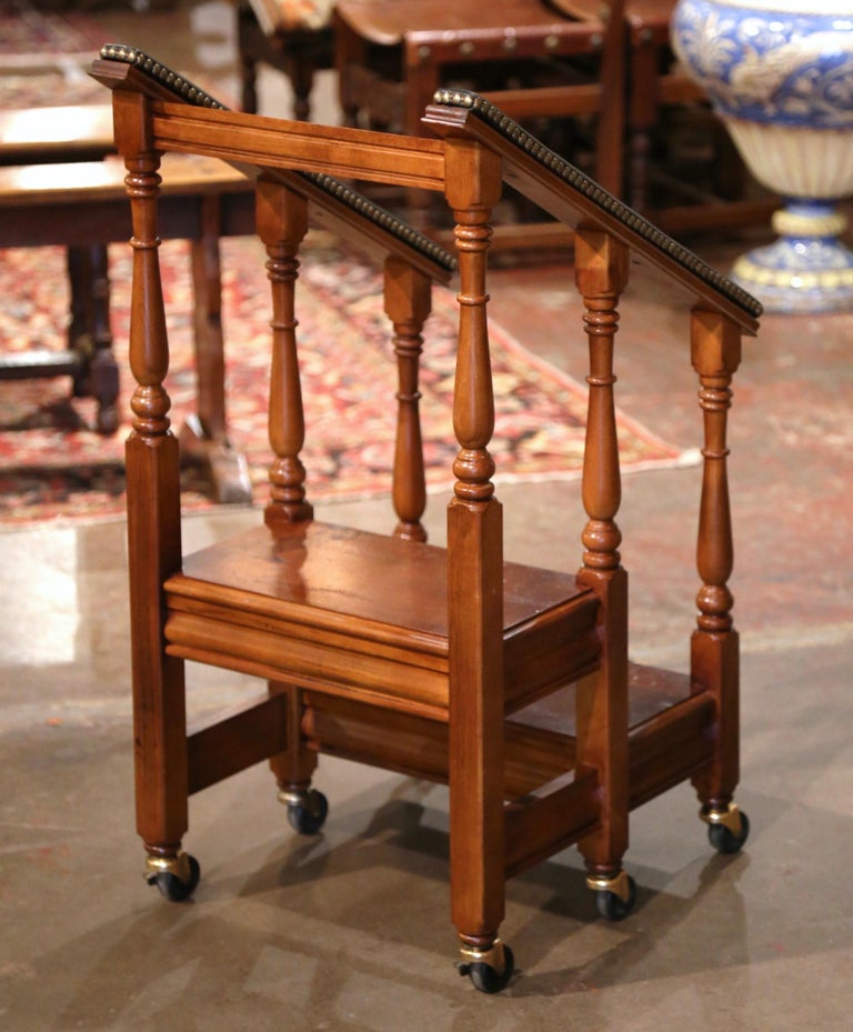 Vintage French Louis XIII Carved Walnut and Leather Library Step Ladder ...