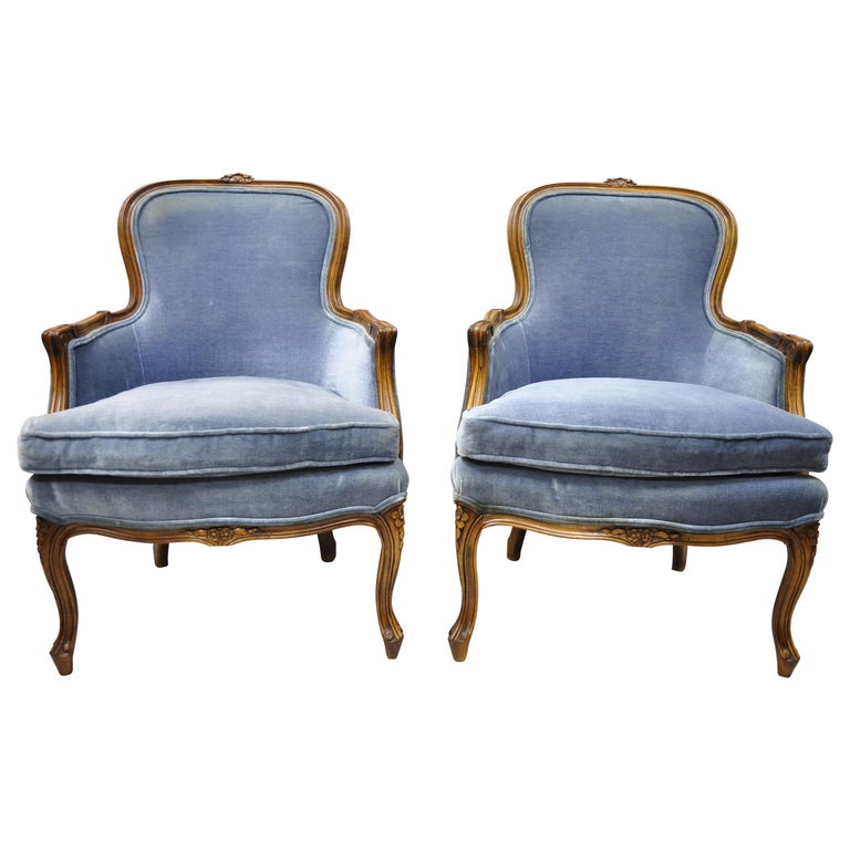 Vintage French Louis Xv Provincial Blue Bergère Lounge Armchairs A