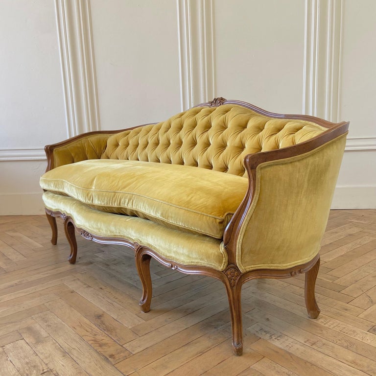 Vintage French Louis XV Style Sofa with Velvet Button Tufted Upholstery ...