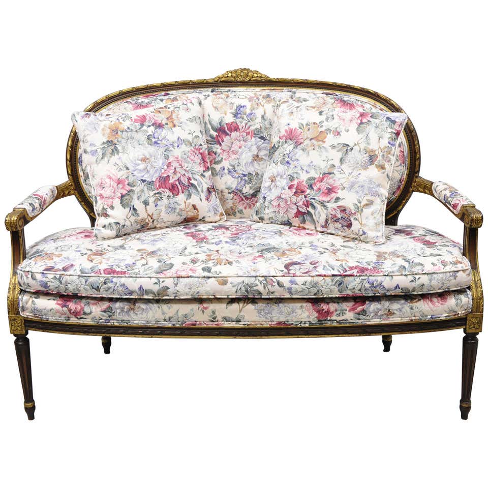 Vintage French Louis Xvi Gold Giltwood Floral Upholstered Loveseat