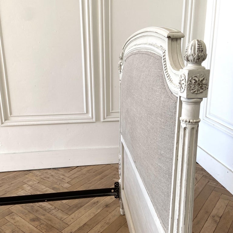 Vintage French Louis XVI Style Twin Bed Upholstered in Nubby Natural ...