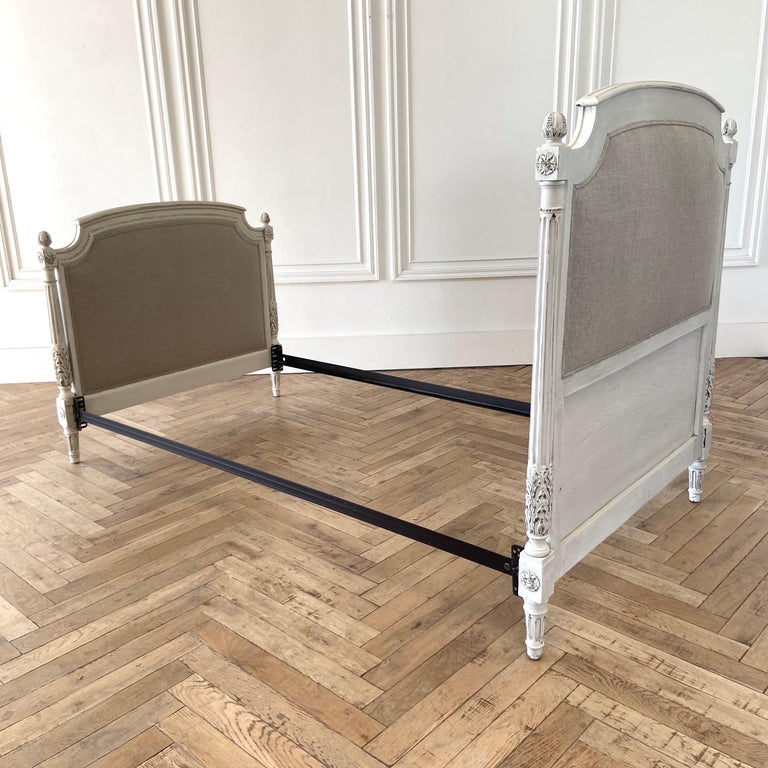 Vintage French Louis XVI Style Twin Bed Upholstered in Nubby Natural ...