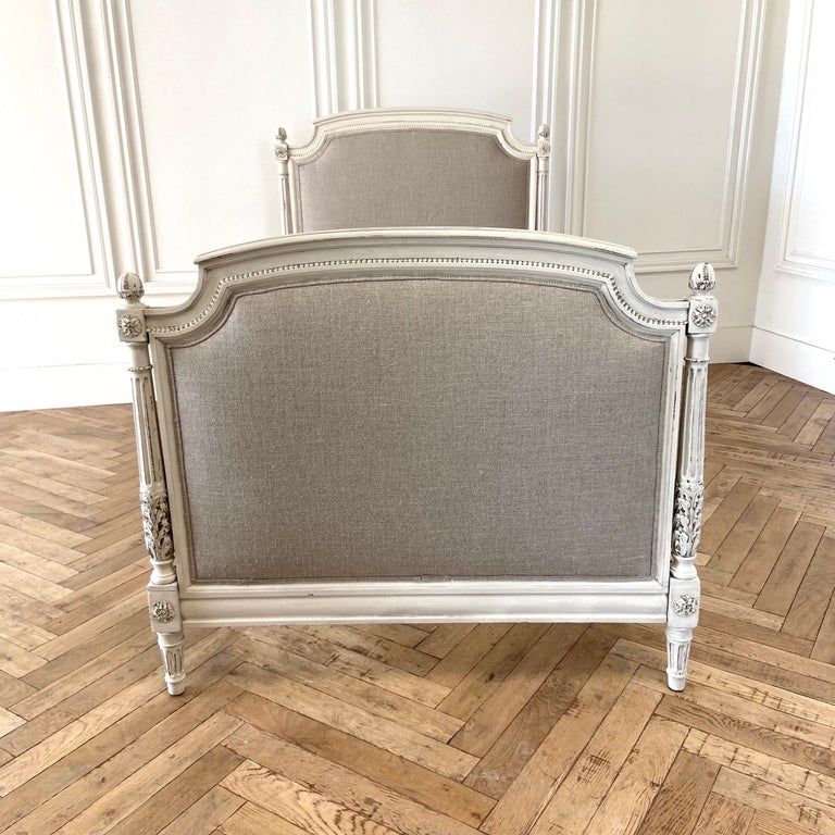 Vintage French Louis XVI Style Twin Bed Upholstered in Nubby Natural ...