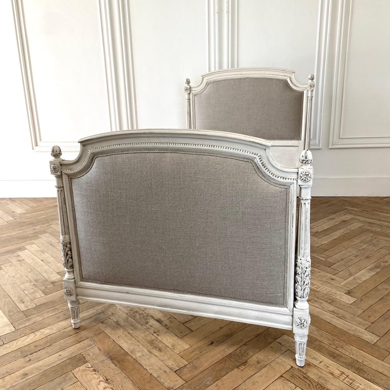 Vintage French Louis XVI Style Twin Bed Upholstered in Nubby Natural ...