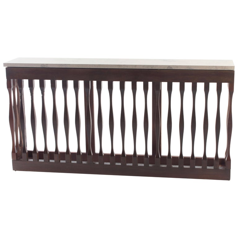 Vintage French Mahogany Spindle Console Jura Gray Top at 1stDibs