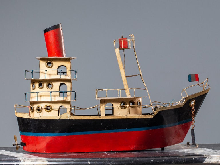 Vintage French Metal Freighter Toy Boat circa 1950 Original Painted ...