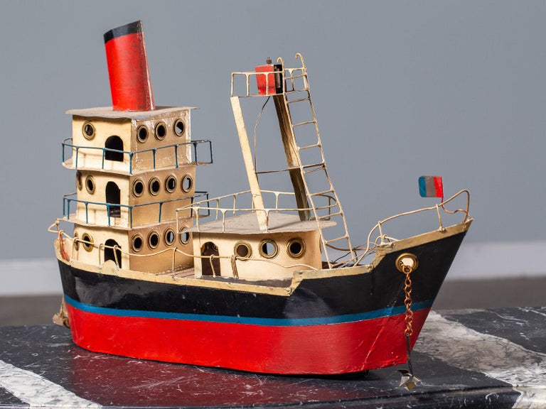 Vintage French Metal Freighter Toy Boat circa 1950 Original Painted ...