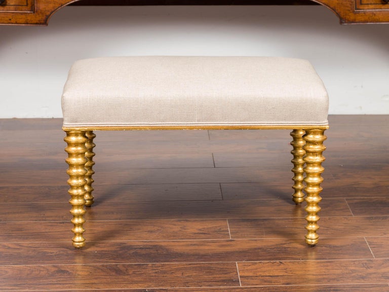 Vintage French Midcentury Giltwood Bench with Spool Legs and New ...