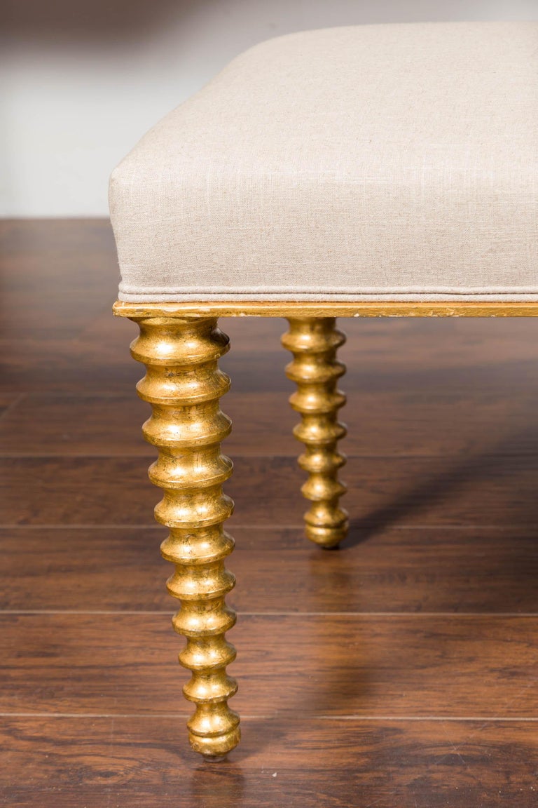 Vintage French Midcentury Giltwood Bench with Spool Legs and New ...