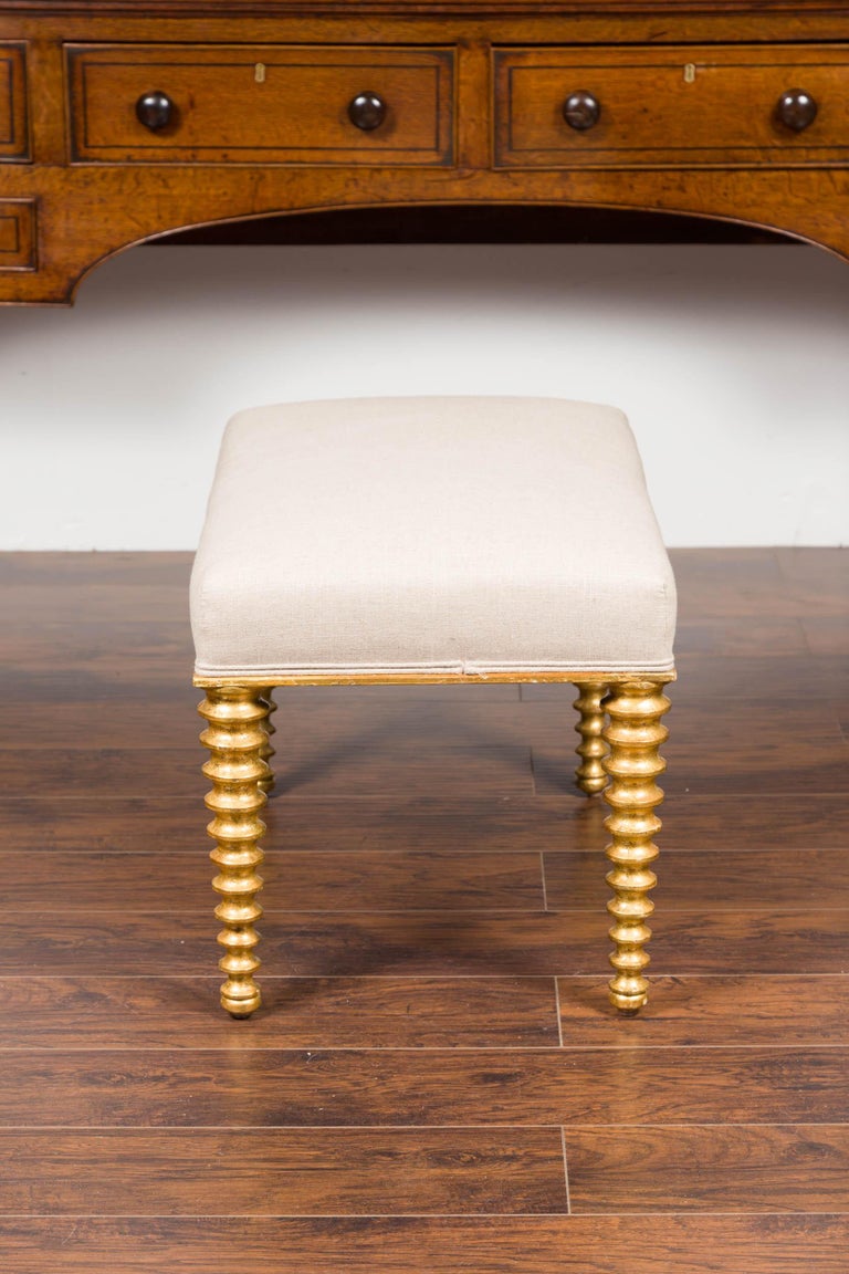 Vintage French Midcentury Giltwood Bench with Spool Legs and New ...