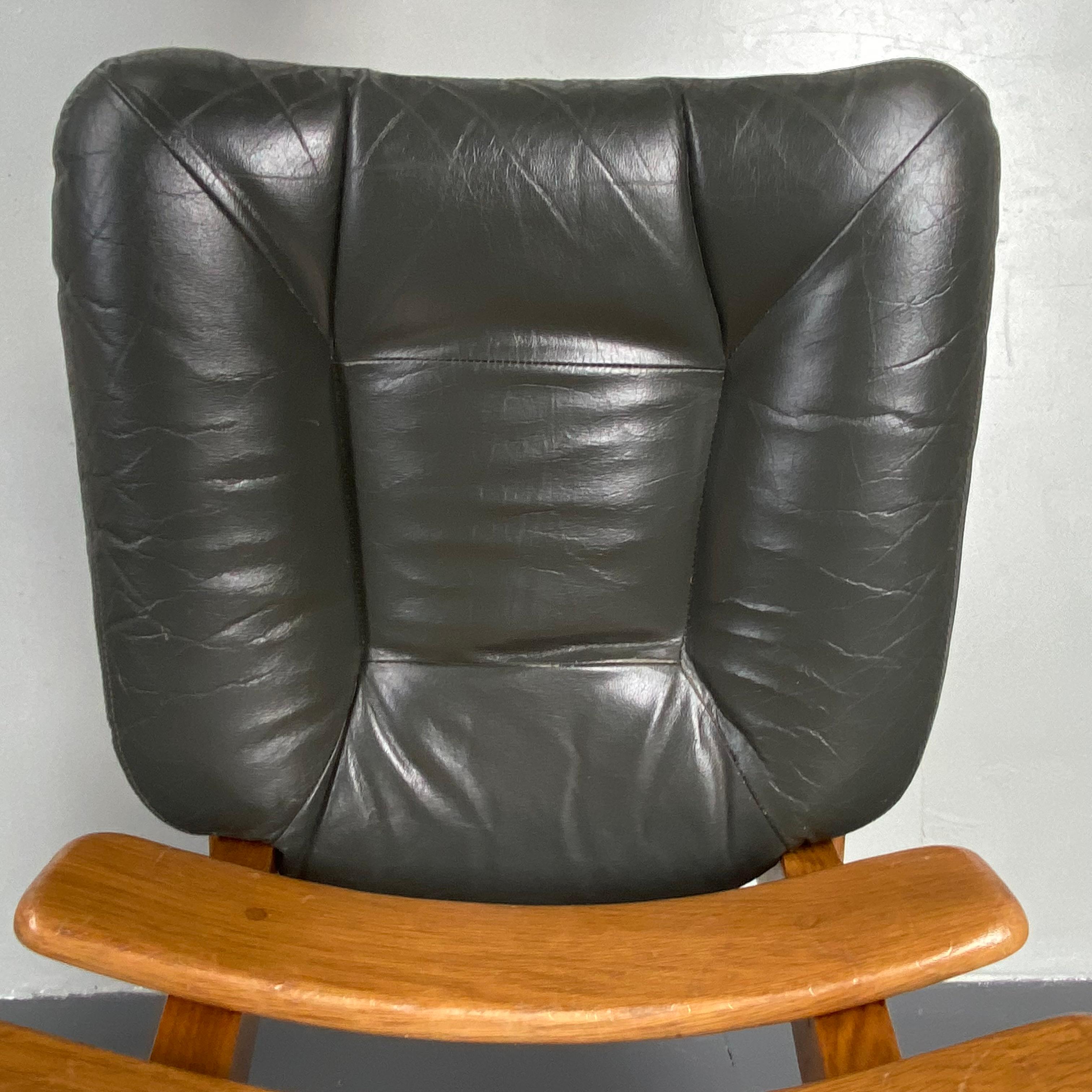 Vintage French Oak and Leather Brutalist Fishbone Chairs, 1970s at 1stDibs