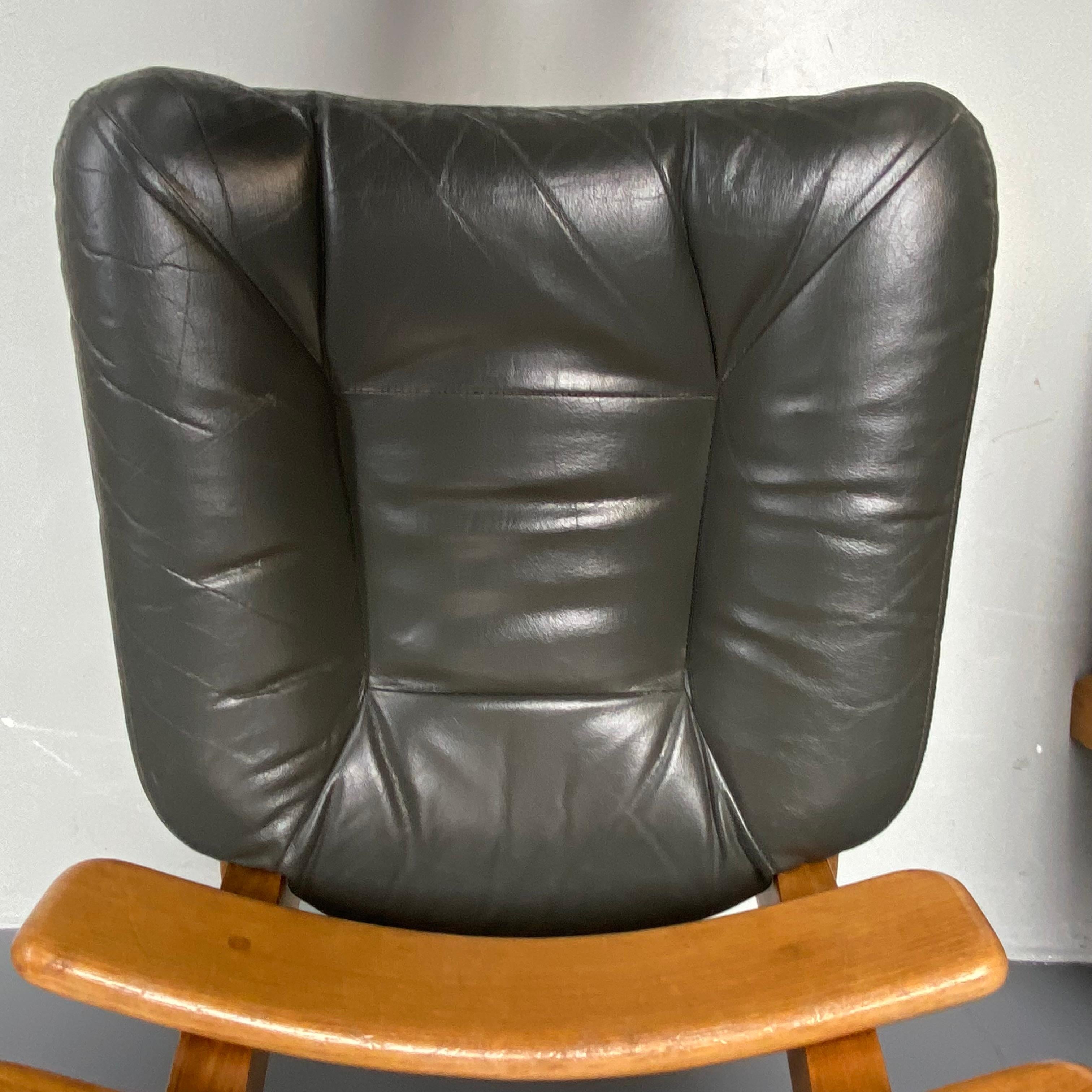 Vintage French Oak and Leather Brutalist Fishbone Chairs, 1970s at 1stDibs