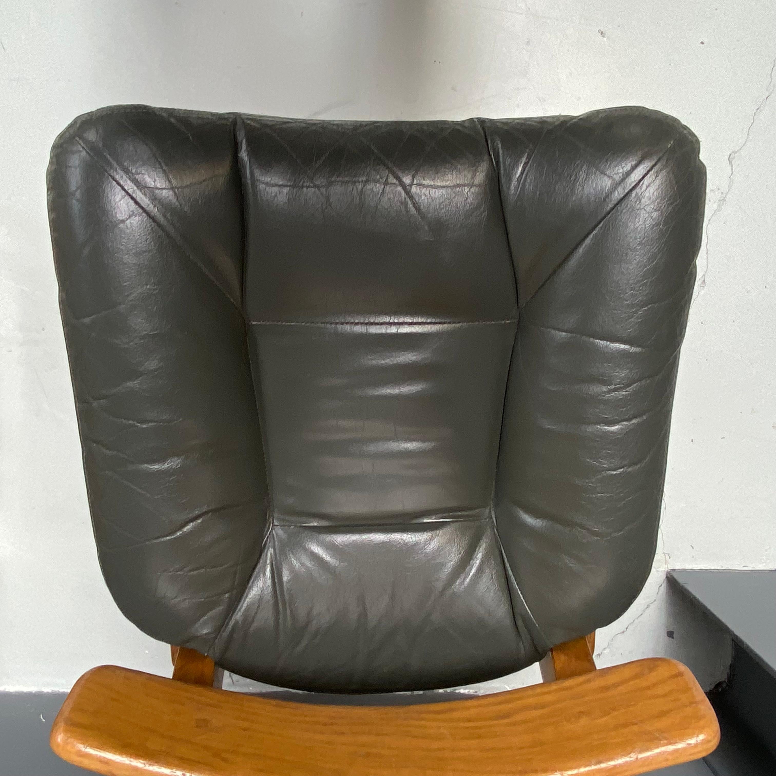 Vintage French Oak and Leather Brutalist Fishbone Chairs, 1970s at 1stDibs