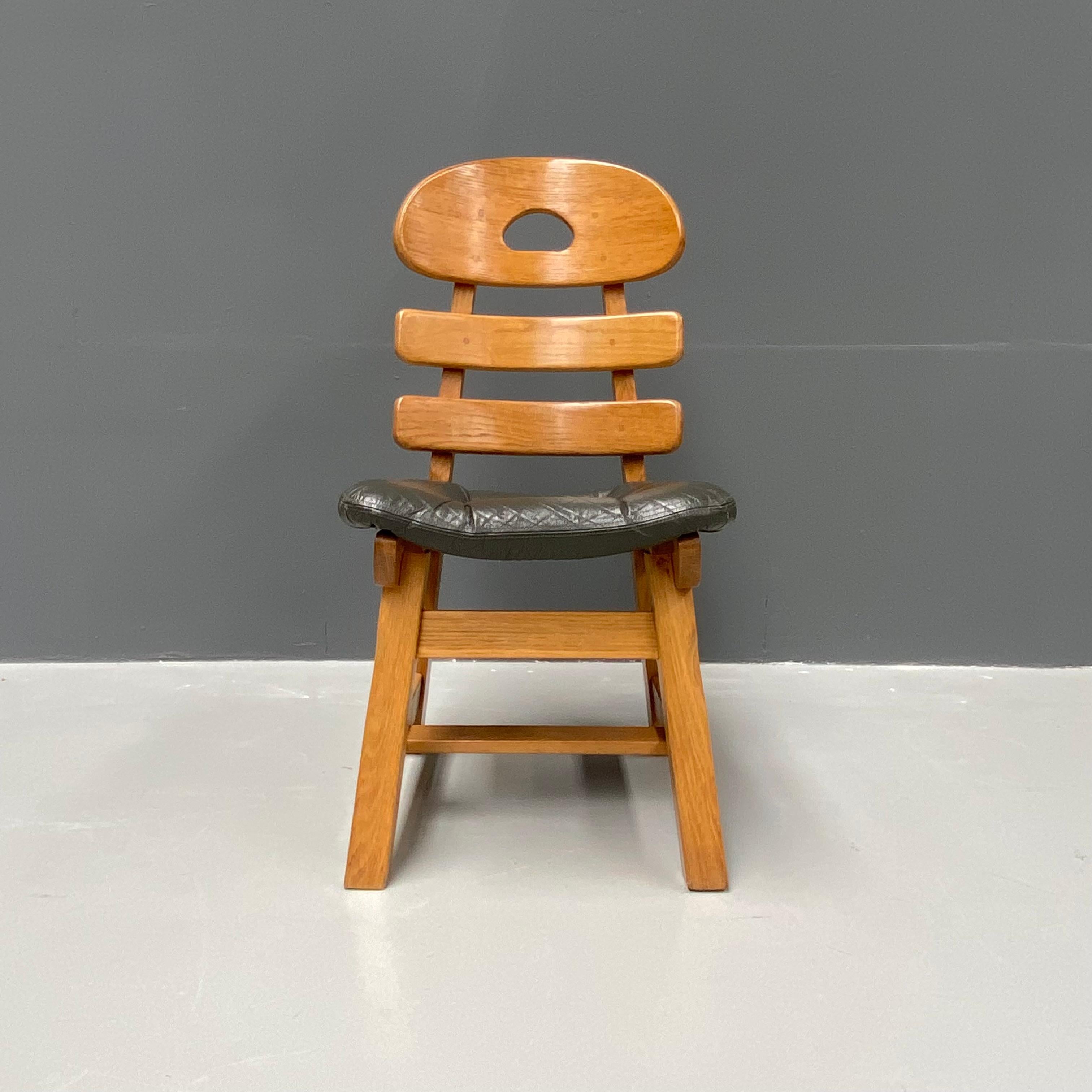 Vintage French Oak and Leather Brutalist Fishbone Chairs, 1970s at 1stDibs