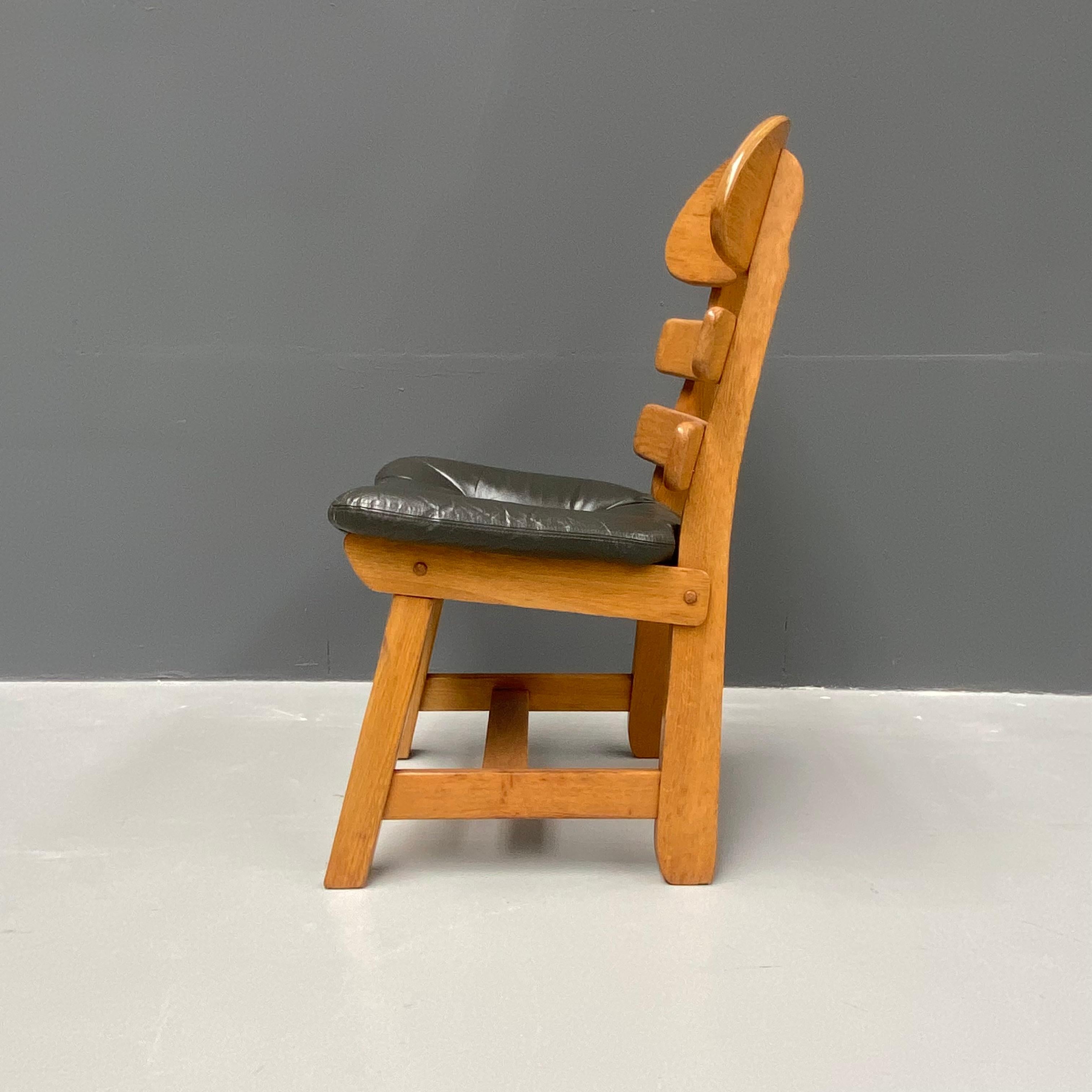 Vintage French Oak and Leather Brutalist Fishbone Chairs, 1970s at 1stDibs