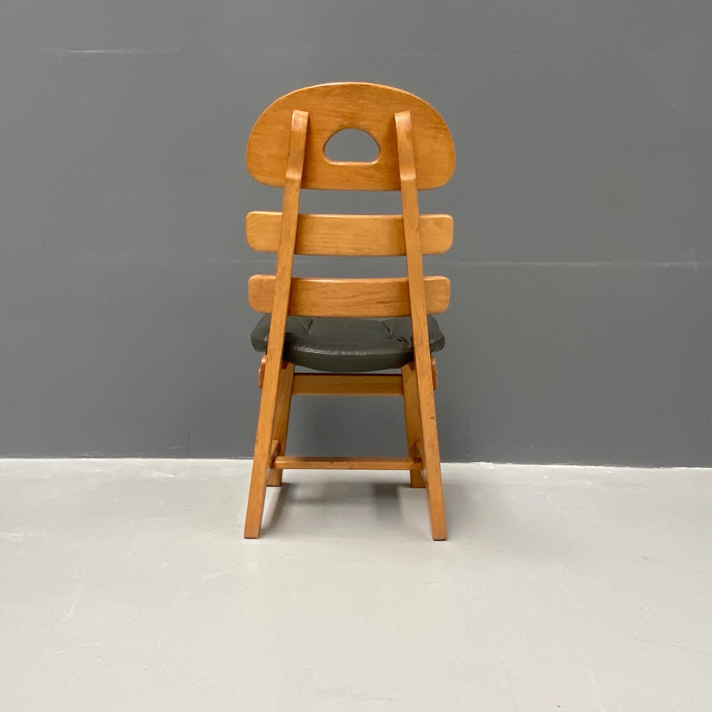 Vintage French Oak and Leather Brutalist Fishbone Chairs, 1970s at 1stDibs