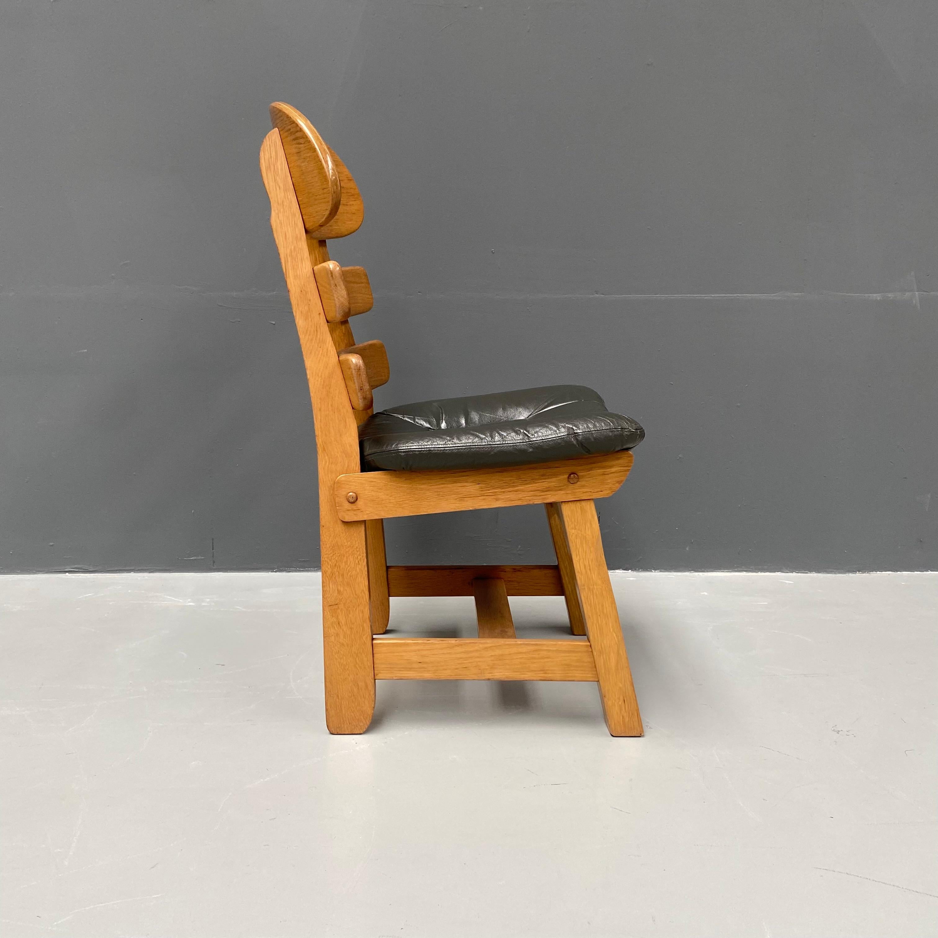 Vintage French Oak and Leather Brutalist Fishbone Chairs, 1970s at 1stDibs