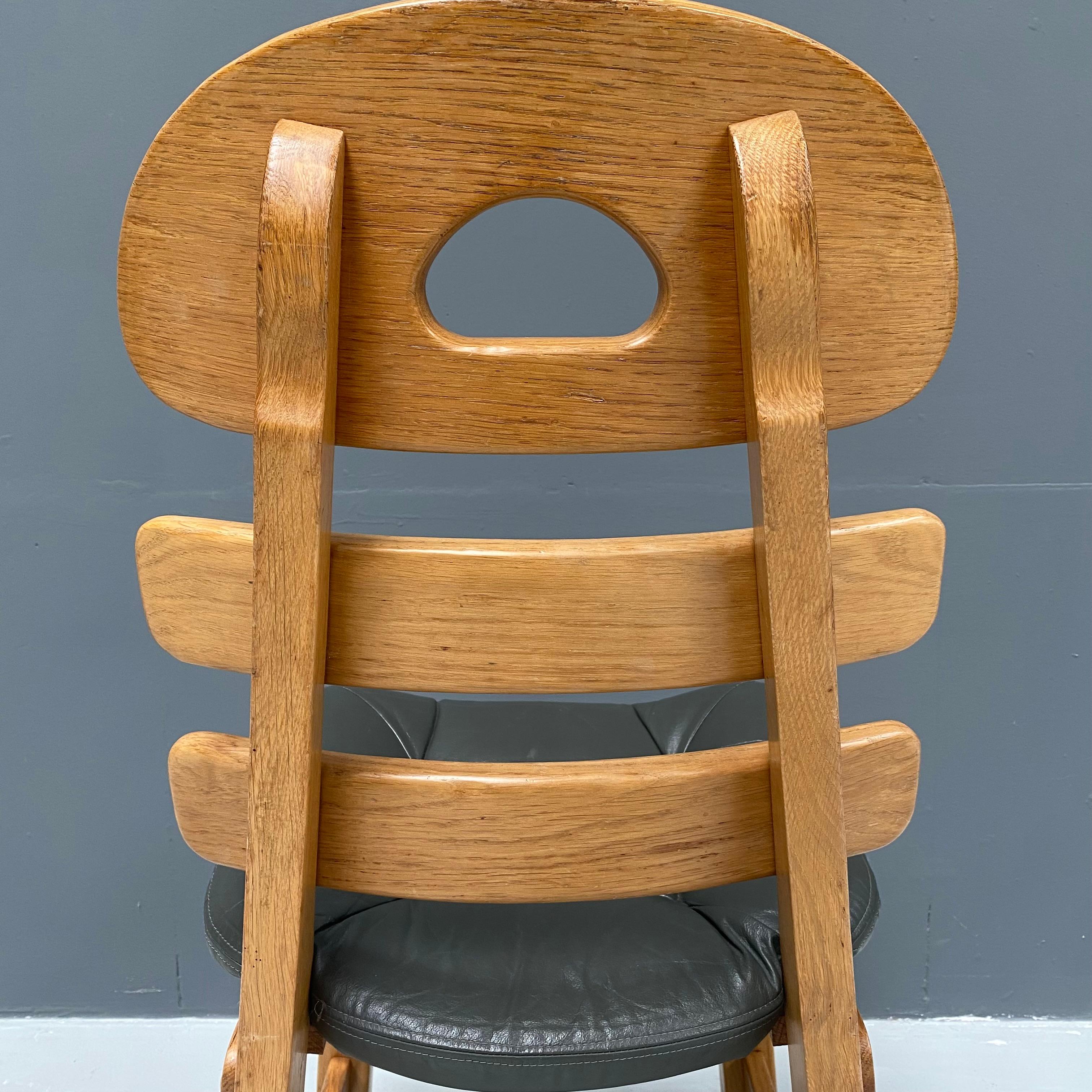 Vintage French Oak and Leather Brutalist Fishbone Chairs, 1970s at 1stDibs