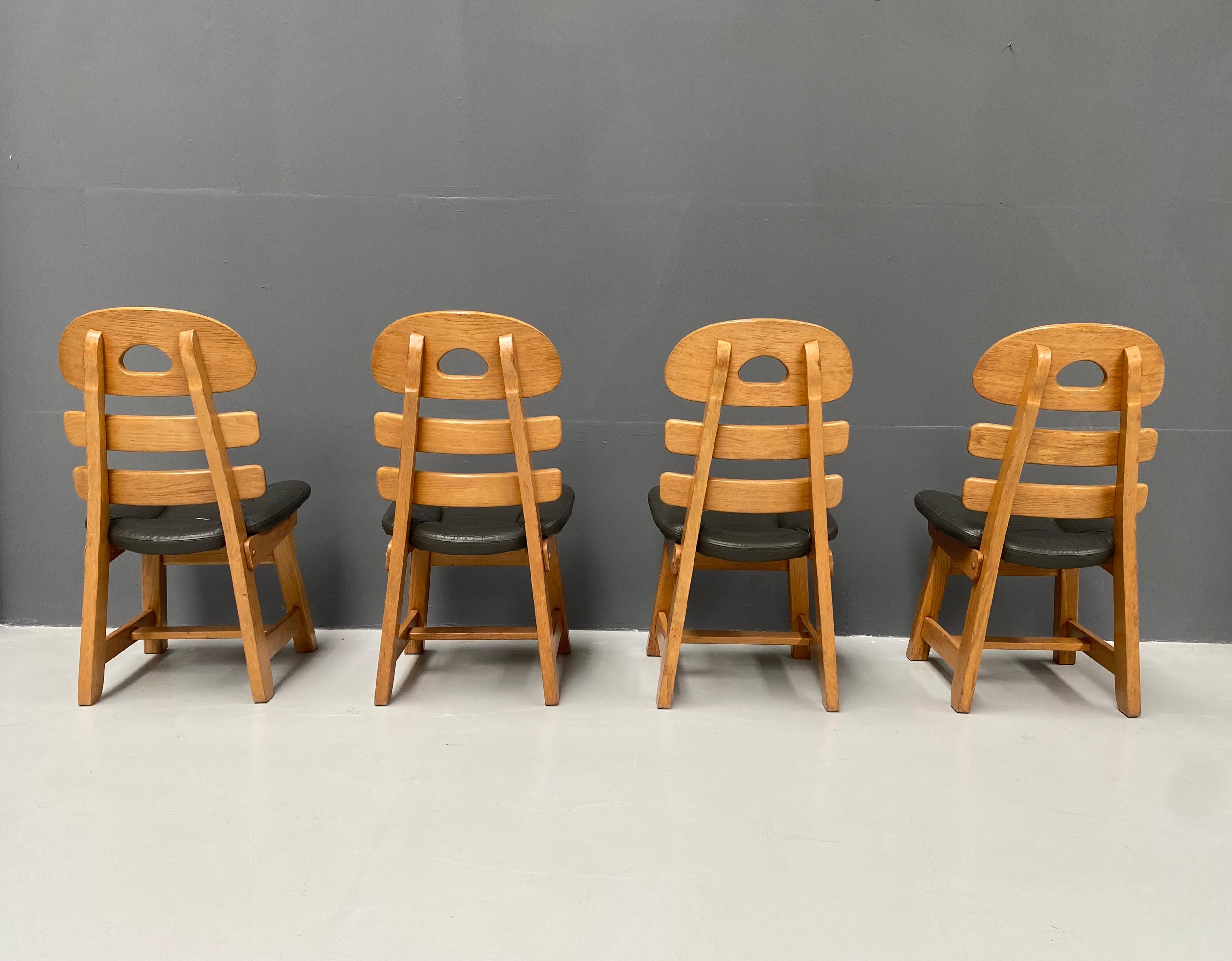 Vintage French Oak and Leather Brutalist Fishbone Chairs, 1970s at 1stDibs