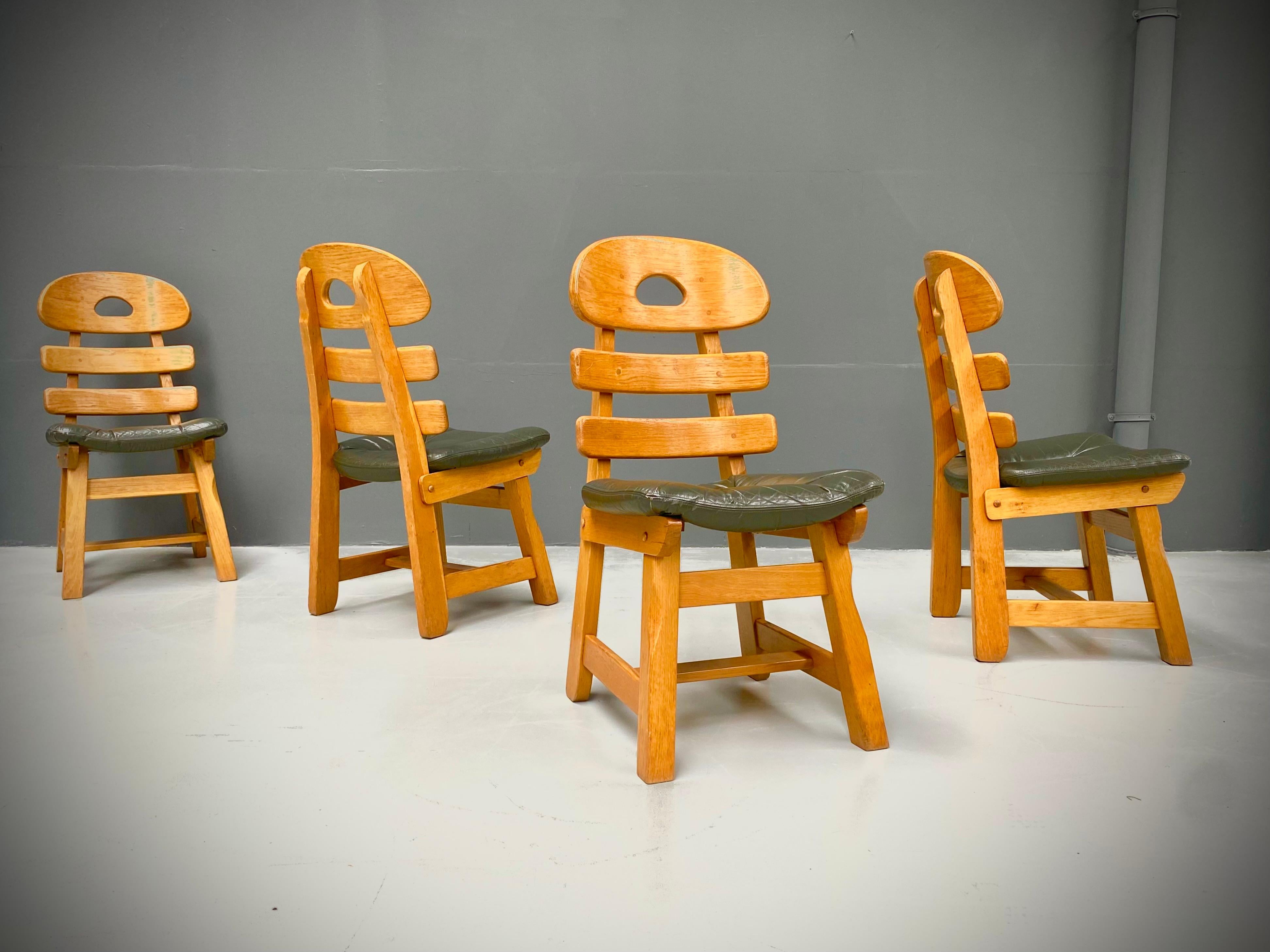 Vintage French Oak and Leather Brutalist Fishbone Chairs, 1970s at 1stDibs