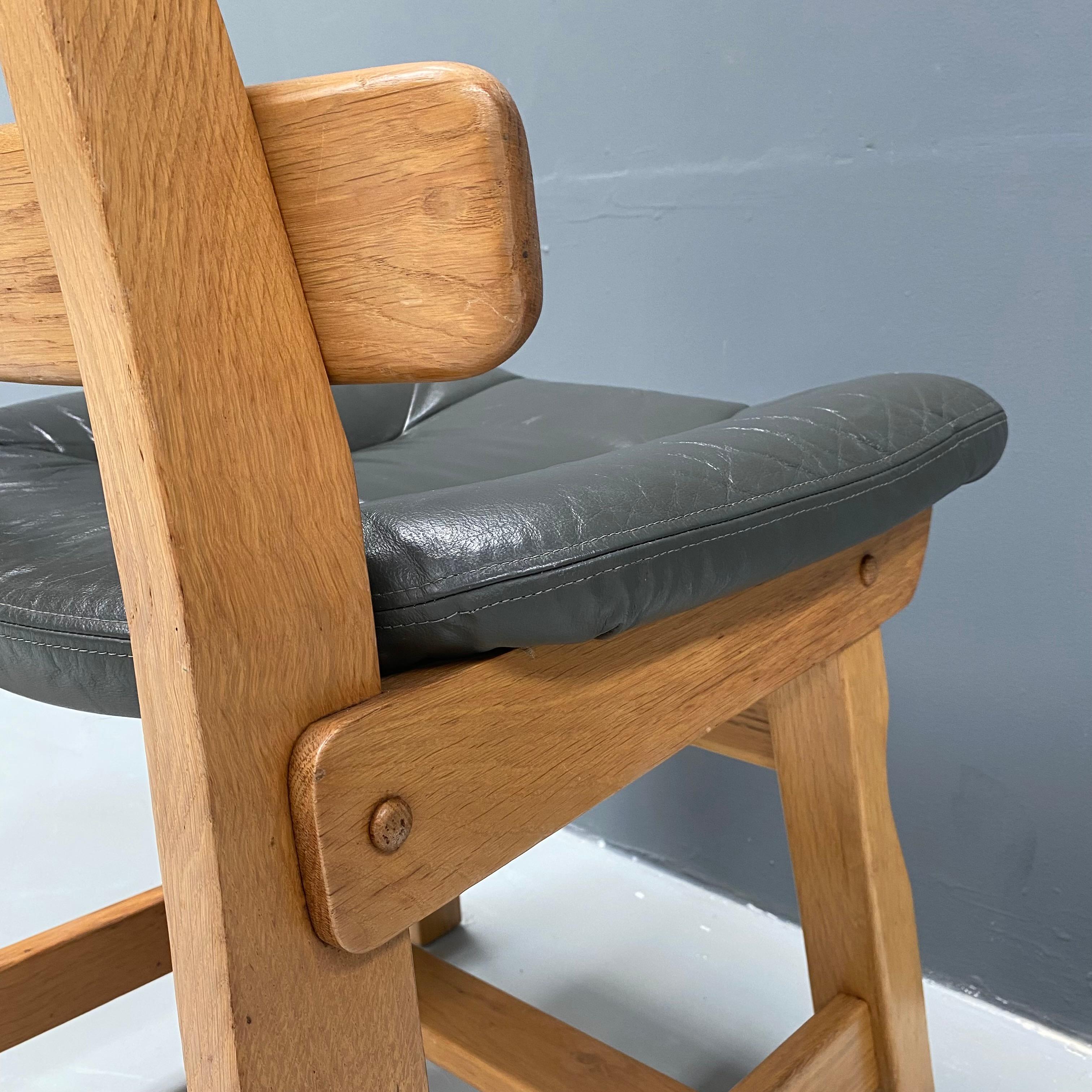 Vintage French Oak and Leather Brutalist Fishbone Chairs, 1970s at 1stDibs